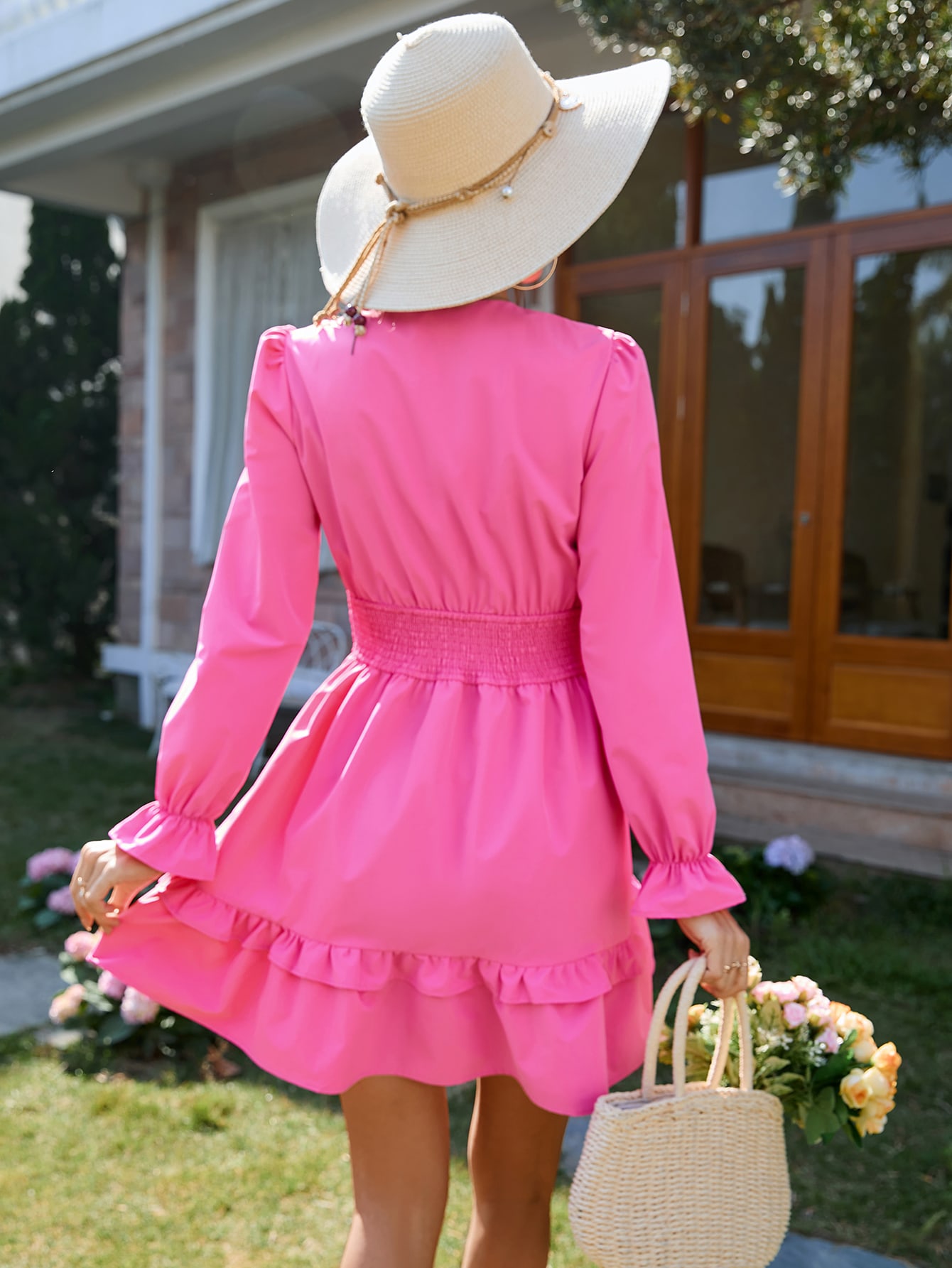 Shein Vcay Knot Front Shirred Waist Flounce Sleeve Ruffle Hem Dress