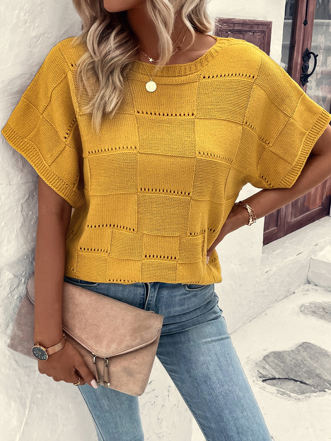 SHEIN LUNE Batwing Sleeve Pointelle Knit Top | SHEIN UK