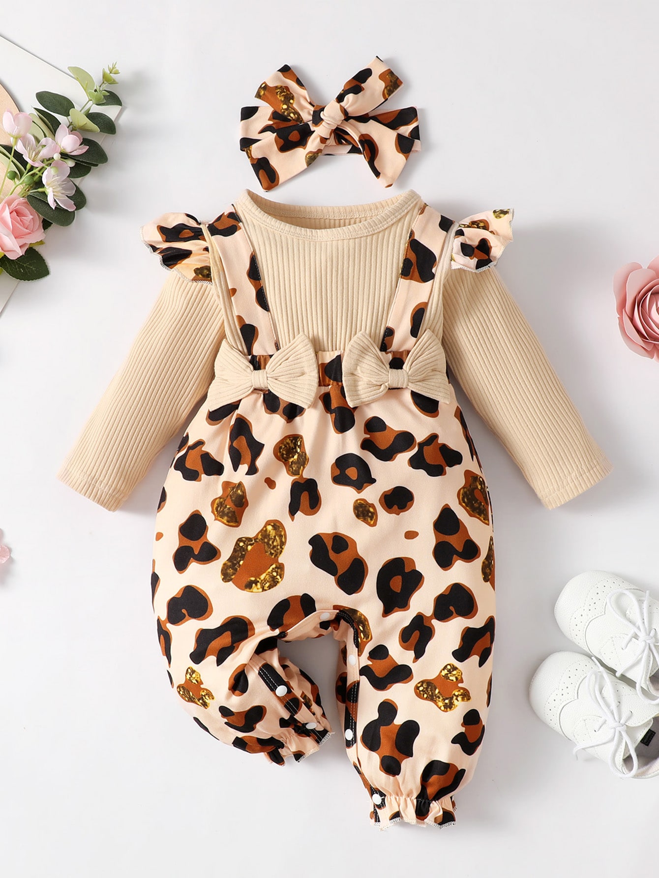 Baby Leopard Print Ruffle Trim Bow Front Jumpsuit & Headband