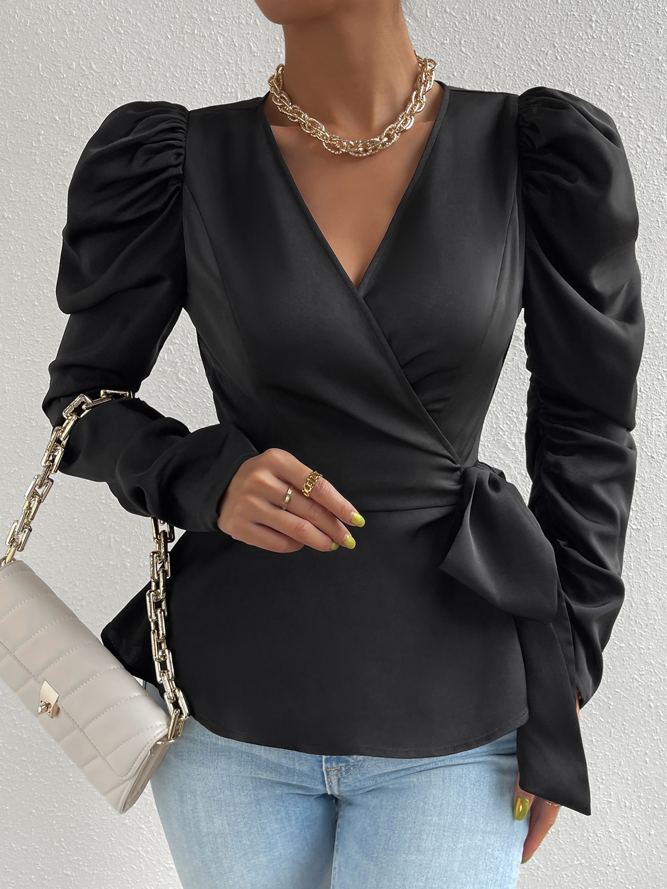 Shein Essnce Gigot Sleeve Knot Side Wrap Blouse Shein Usa