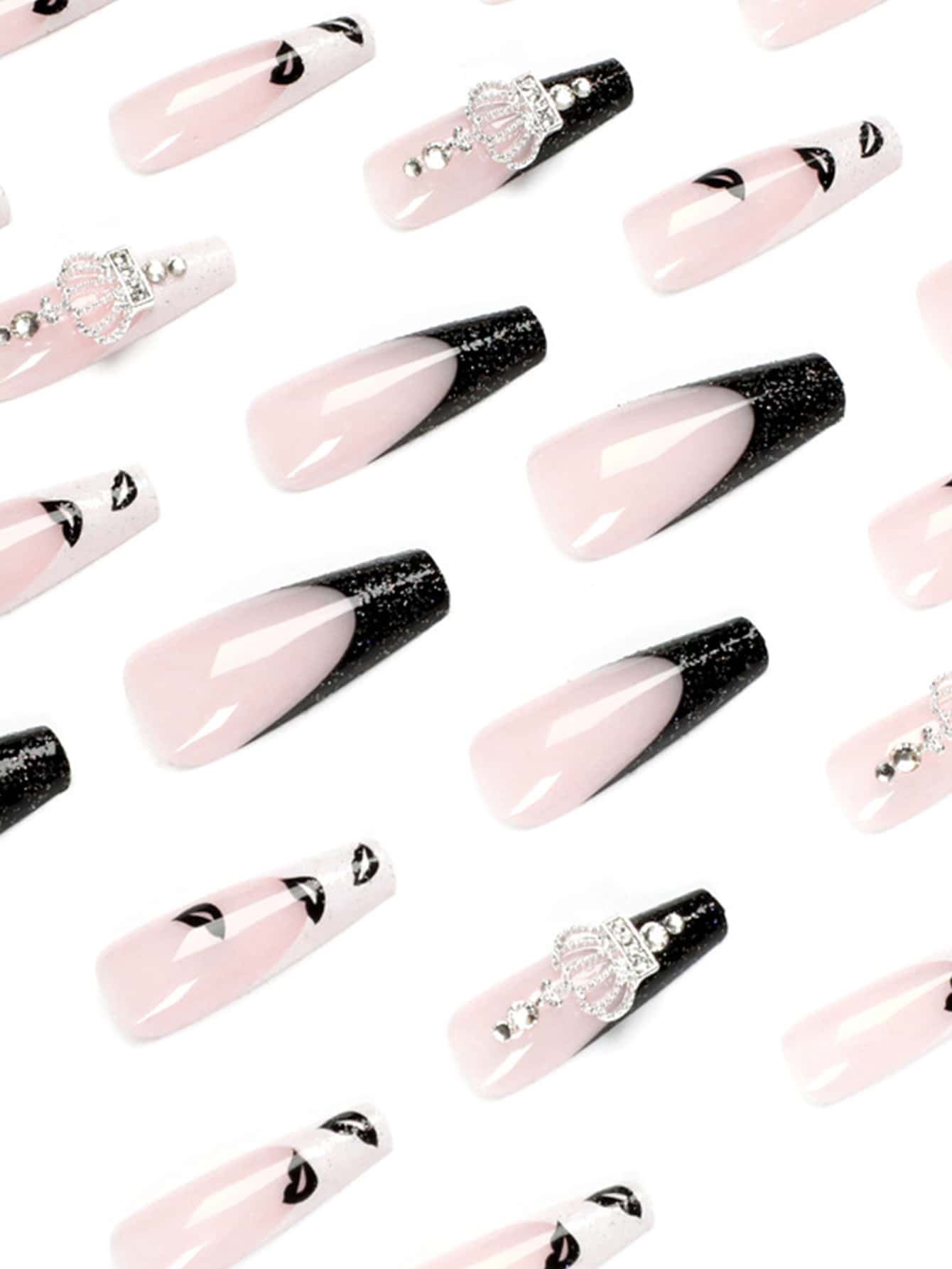 Upgrade Your Look With 24pcs Long Coffin Black And White French Glitter