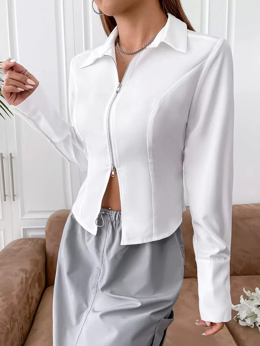 SHEIN EZwear Solid Zip Up Blouse | SHEIN USA