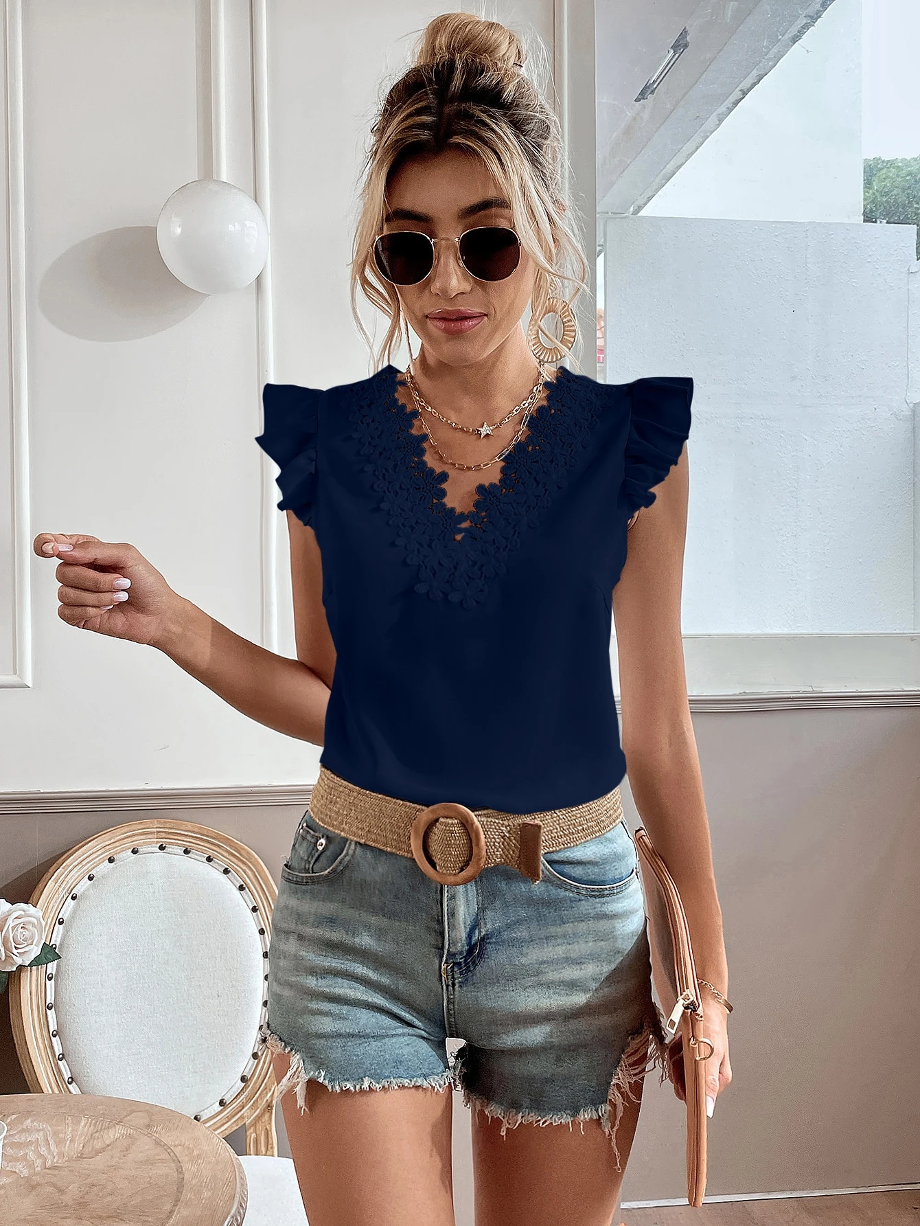 SHEIN VCAY Guipure Lace Trim Cap Sleeve Top | SHEIN USA