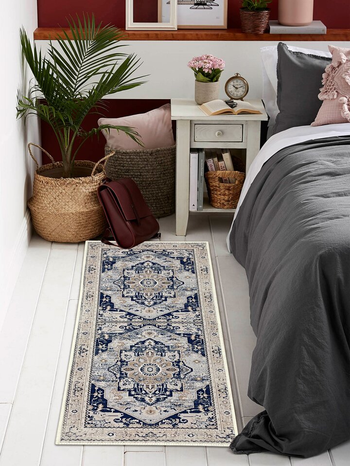 1pc Geo Print Rug,Vintage Polyester Washable Floor Carpet For Home ...