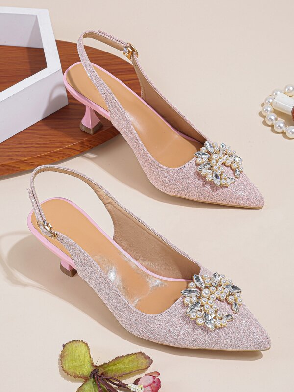 Glitter Faux Pearl Decor Point Toe Pyramid Heeled Slingback Pumps ...