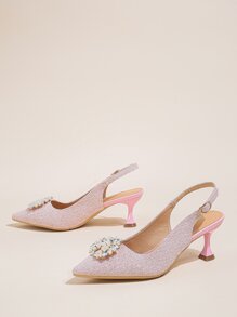 Glitter Faux Pearl Decor Point Toe Pyramid Heeled Slingback Pumps ...