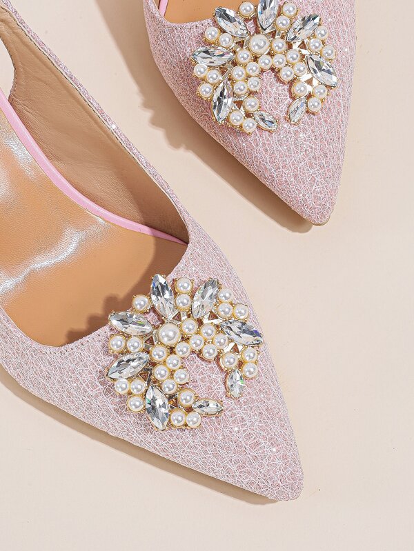 Glitter Faux Pearl Decor Point Toe Pyramid Heeled Slingback Pumps ...