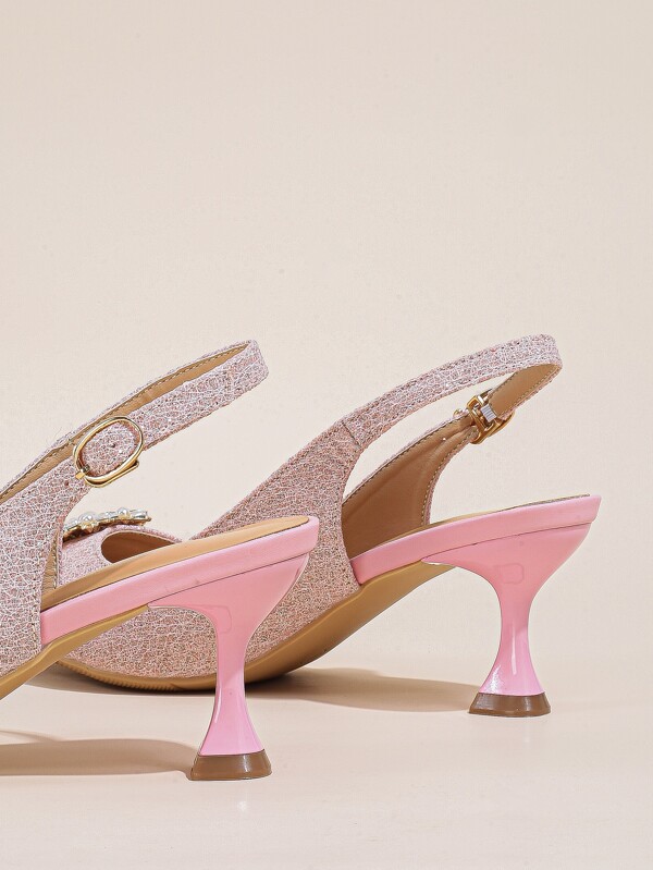 Glitter Faux Pearl Decor Point Toe Pyramid Heeled Slingback Pumps ...