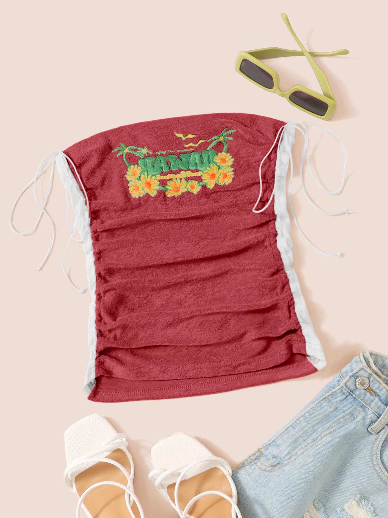 SHEIN ICON 90s Floral & Letter Embroidered Drawstring Side Tube Top | SHEIN