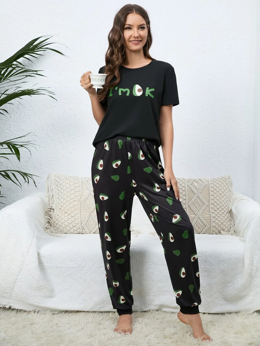 Slogan & Avocado Print PJ Set / Pajama Set | SHEIN USA