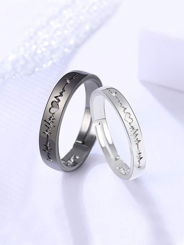 2pcs Couple Heartbeat Detail Ring | SHEIN USA