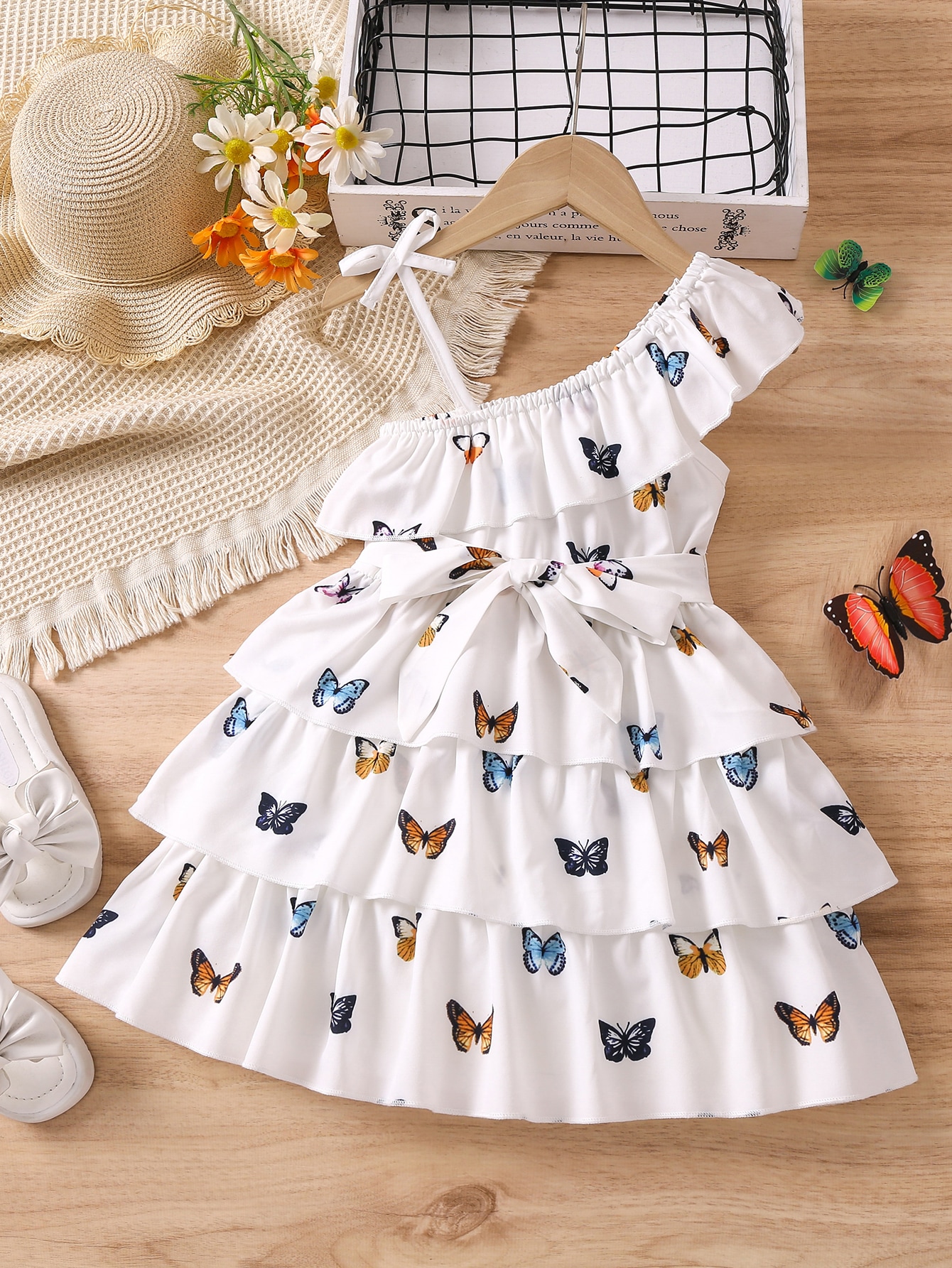 SHEIN Kids CHARMNG Young Girl Off-shoulder White Butterfly Print Sweet ...