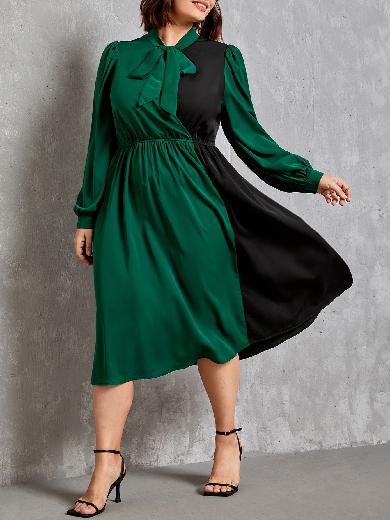Shein Clasi Plus Two Tone Tie Neck Lantern Sleeve Dress Shein Usa