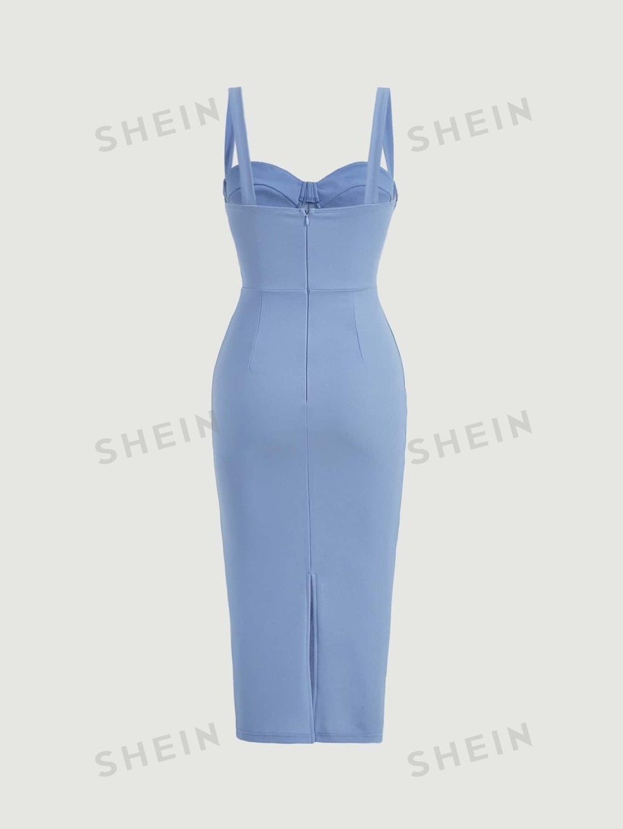 SHEIN MOD Split Back Bodycon Blue Slim-Fitting Bust-Cup Hip Midi Dress ...