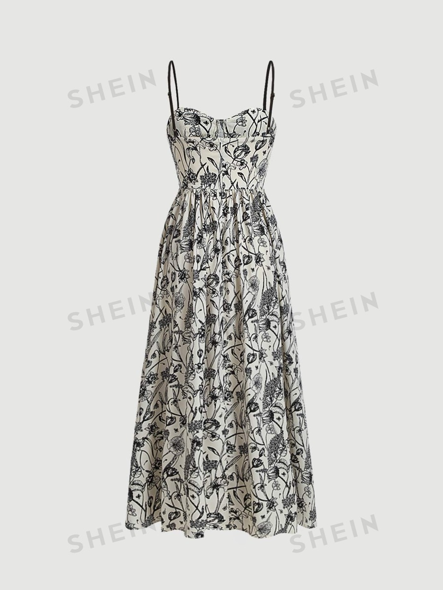 SHEIN MOD Vestido de tirantes con estampado floral unido en contraste ...