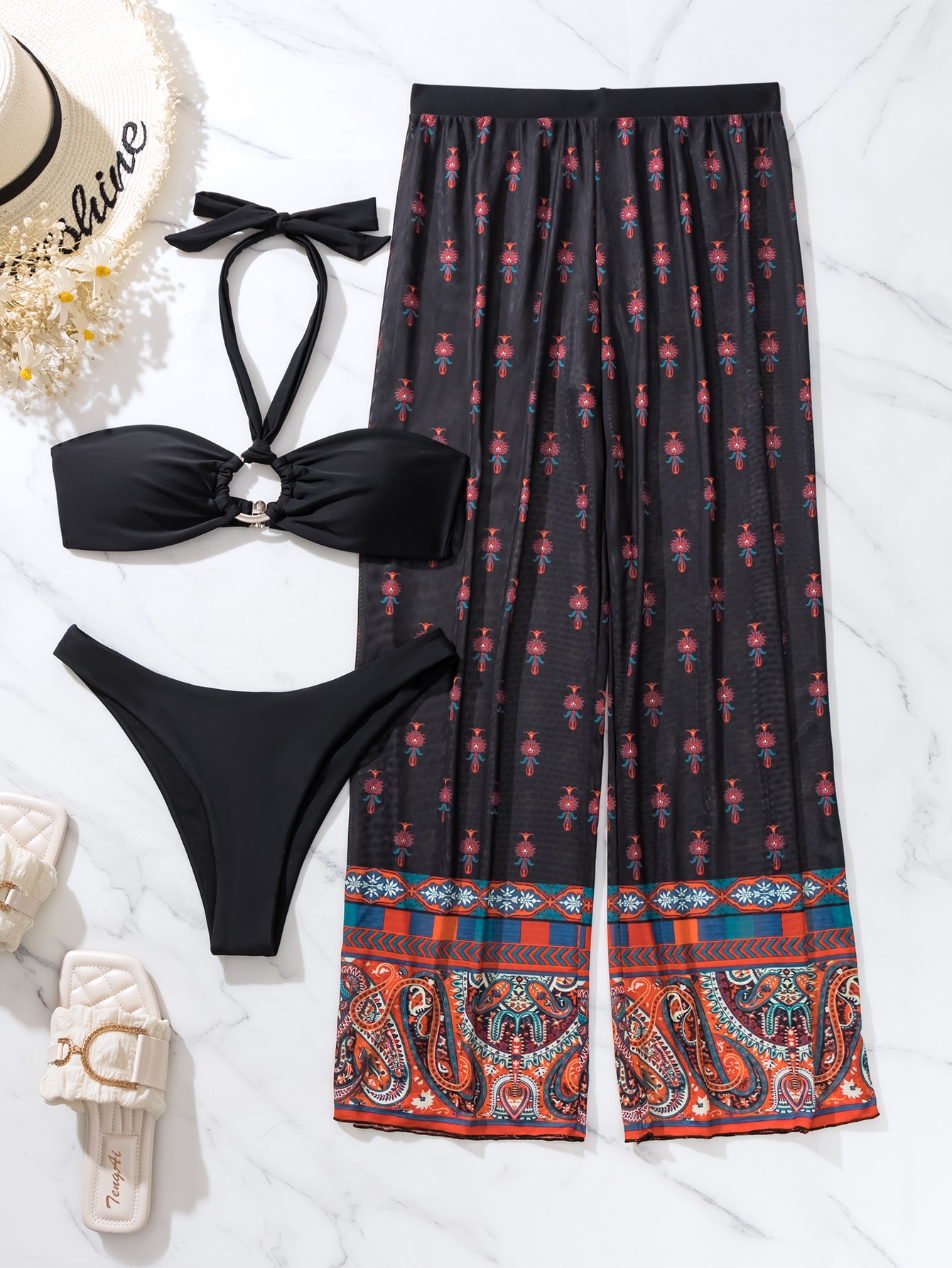 Ring Linked Halter Bikini Swimsuit With Cover Up Pants | SHEIN USA