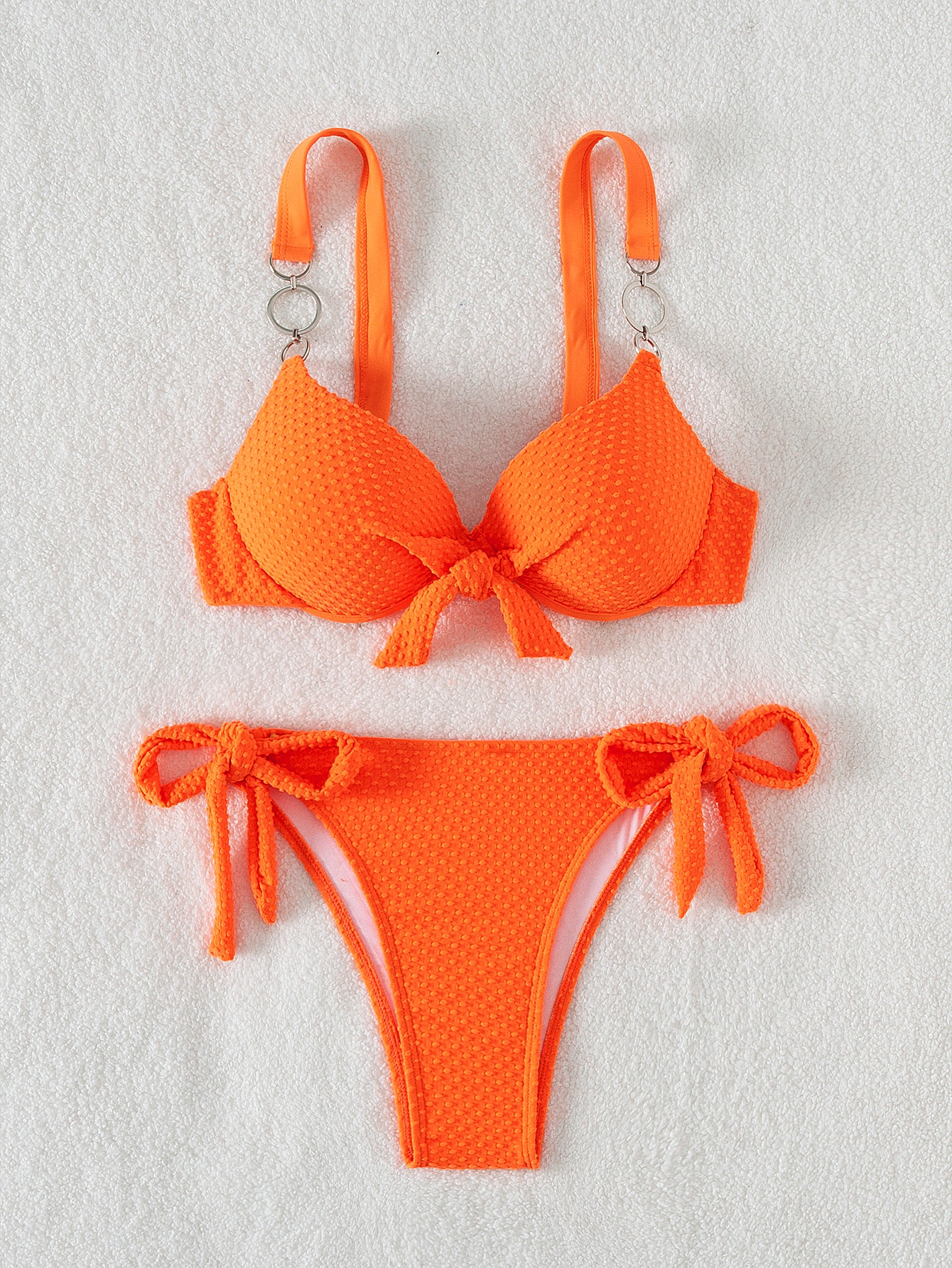 Fato de biquíni push up laranja neon anel vinculado nó frontal