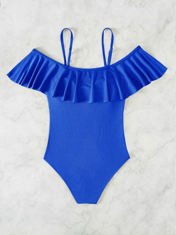 Solid Ruffle Trim One Piece Swimsuit Shein Usa