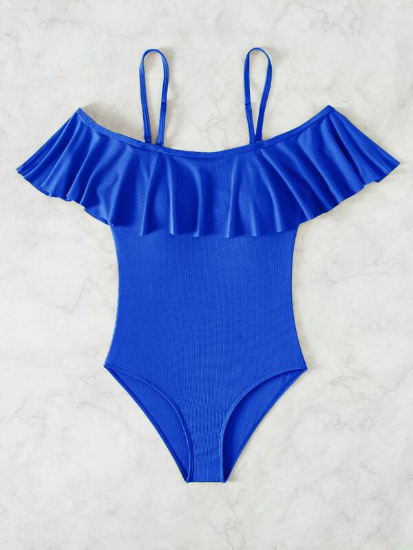 Solid Ruffle Trim One Piece Swimsuit Shein Usa