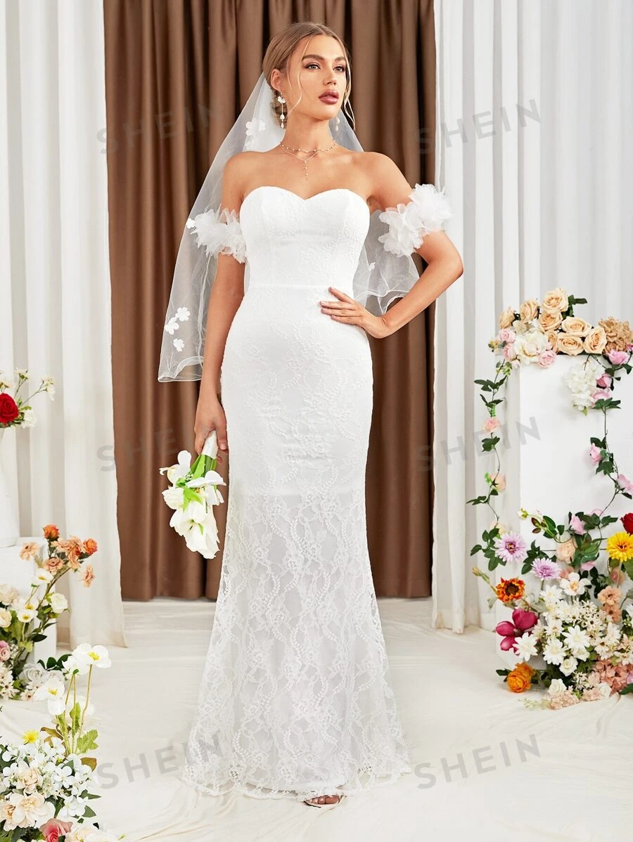 Off Shoulder Backless Tube Wedding Dress Without Veil | SHEIN USA