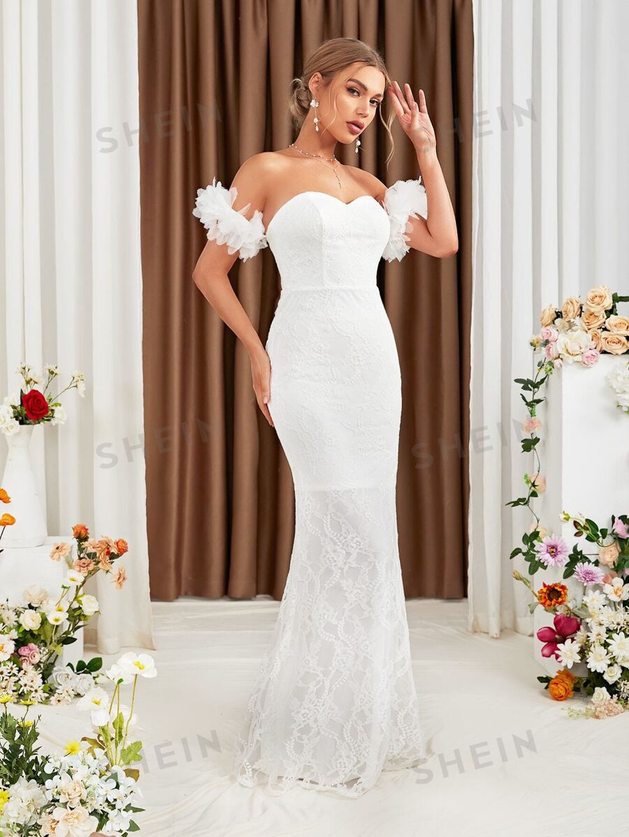 Off Shoulder Backless Tube Wedding Dress Without Veil | SHEIN USA