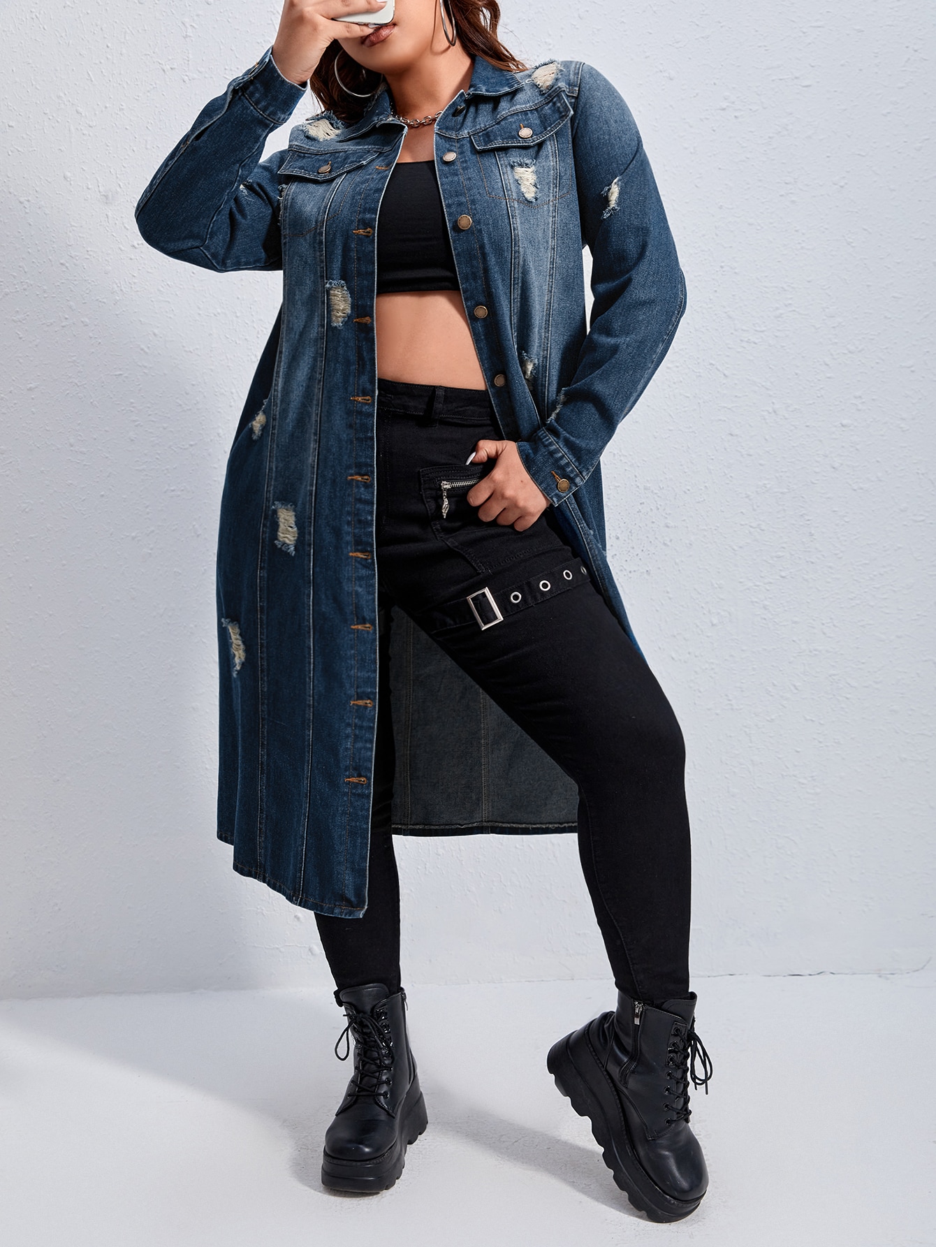 SHEIN EZwear Plus Ripped Frayed Denim Coat | SHEIN UK