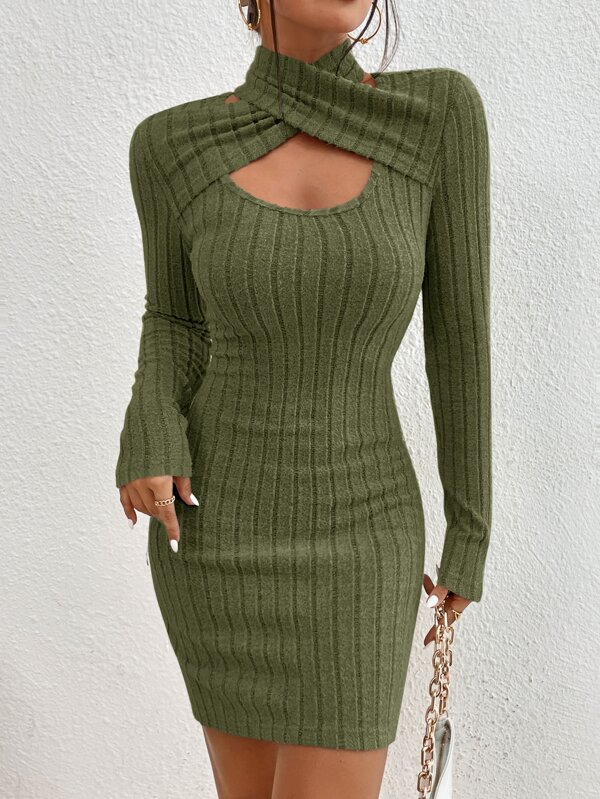 SHEIN Privé Ribbed Knit Criss Cross Cut Out Front Bodycon Dress | SHEIN USA