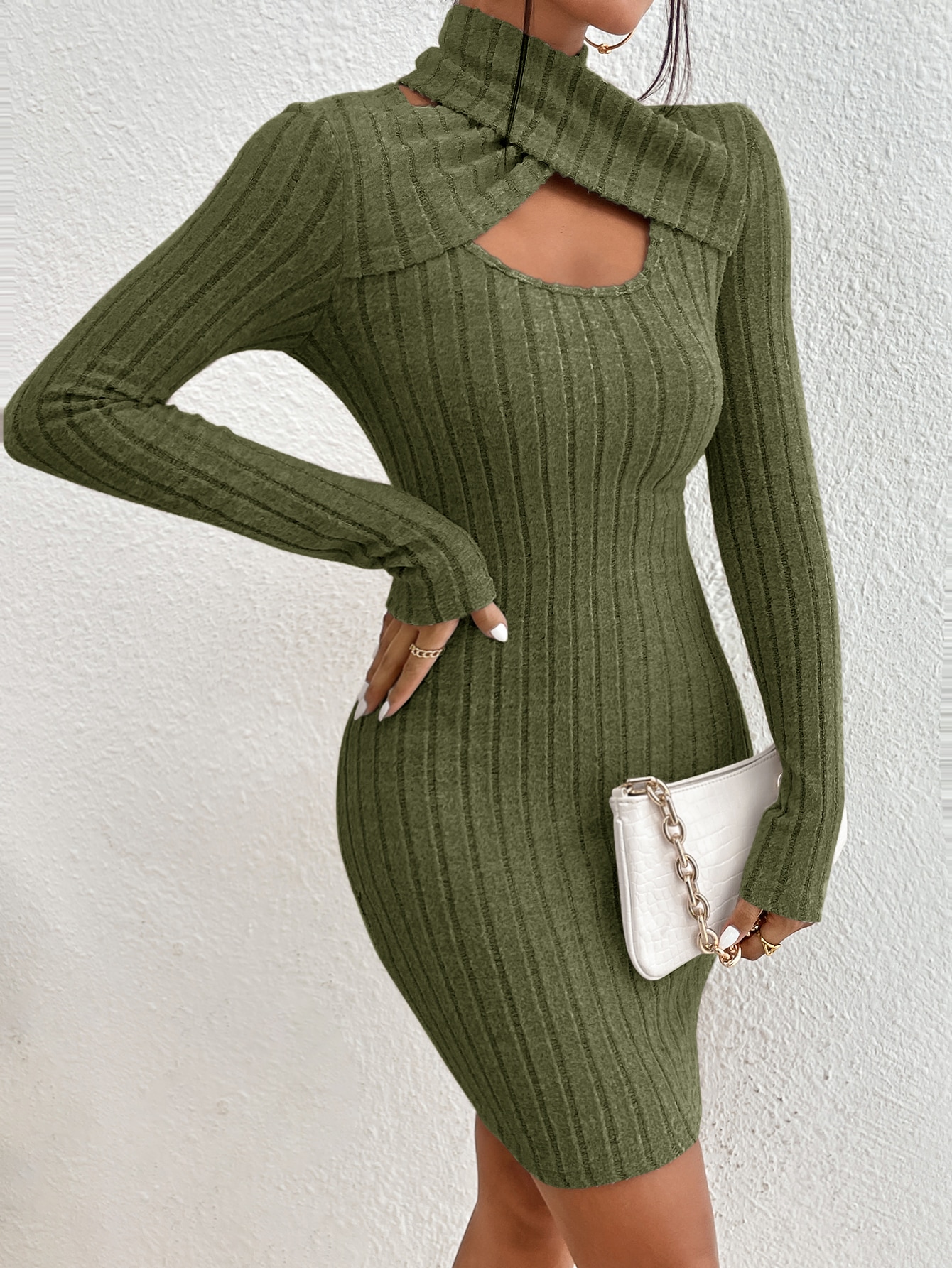 SHEIN Privé Ribbed Knit Criss Cross Cut Out Front Bodycon Dress | SHEIN USA