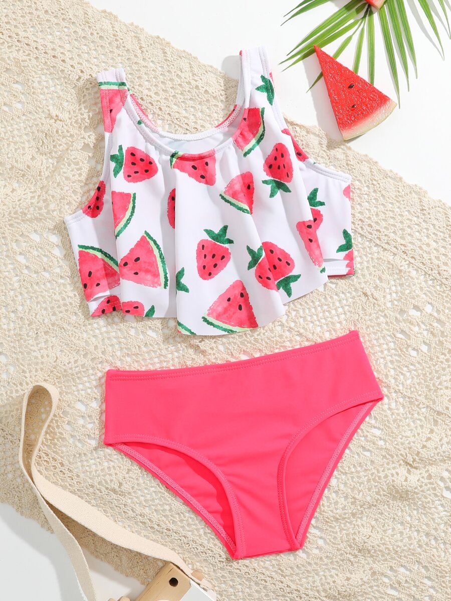 Young Girl Cute Watermelon & Strawberry Print Ruffled Neckline Bikini ...