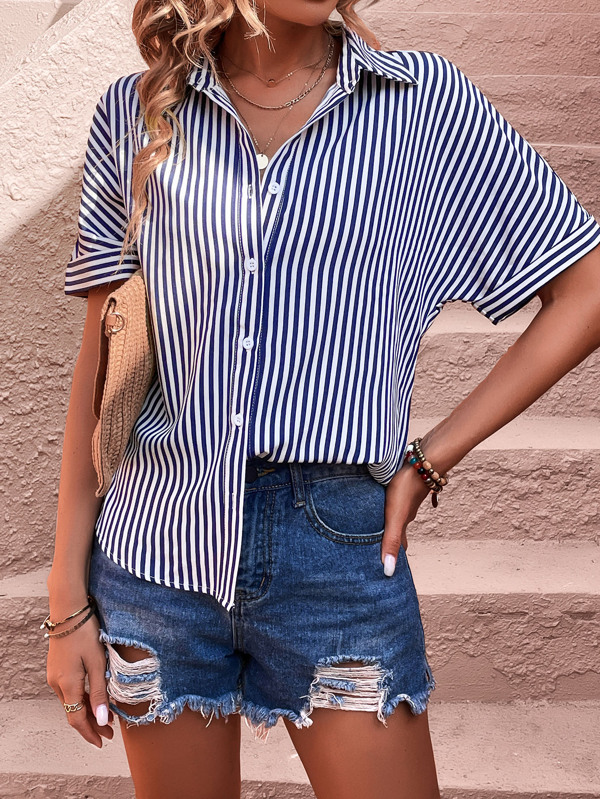 SHEIN Frenchy Vertical Striped Batwing Sleeve Shirt | SHEIN USA
