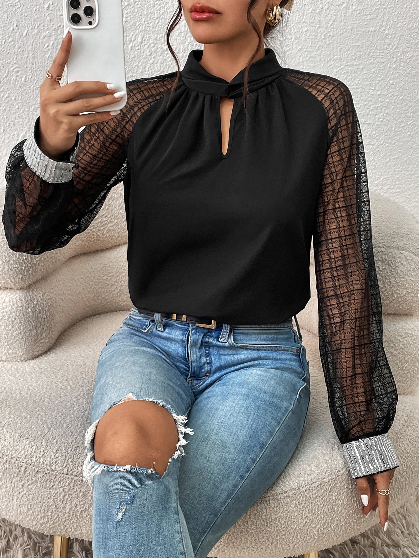 SHEIN Privé Contrast Mesh Contrast Sequin Keyhole Neckline Raglan ...
