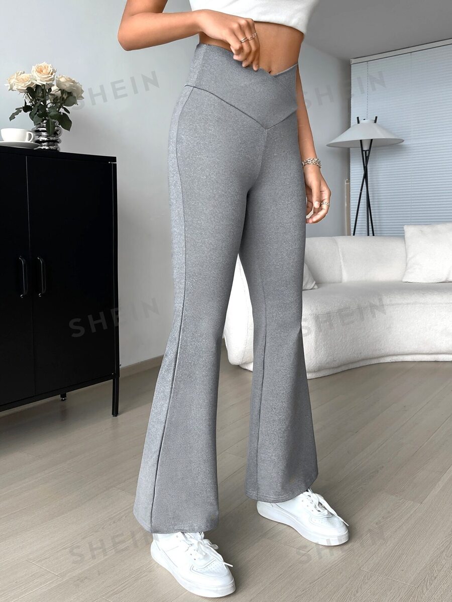 SHEIN EZwear Overlap V Waist Flare Y2k Leg Pants | SHEIN USA
