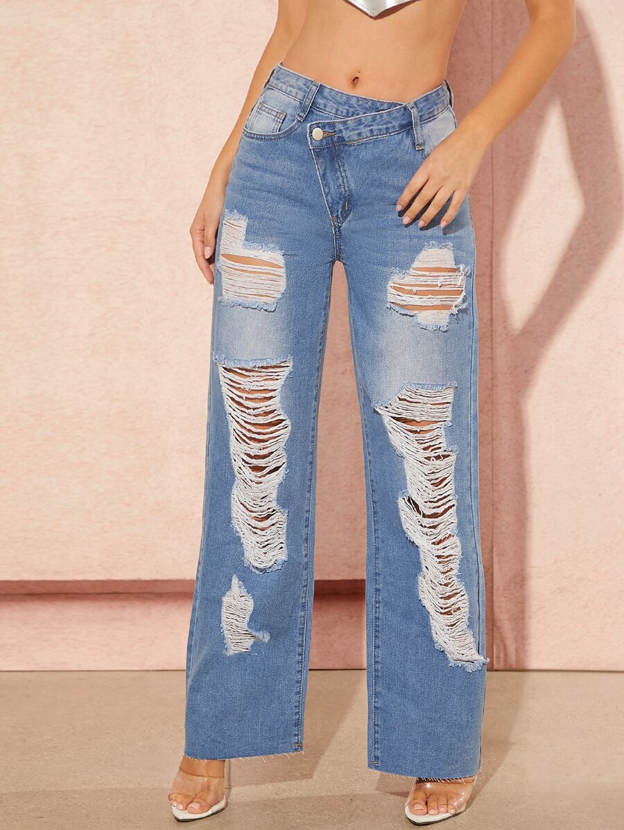 Asymmetrical Button Extreme Ripped Wide Leg Jeans | SHEIN USA