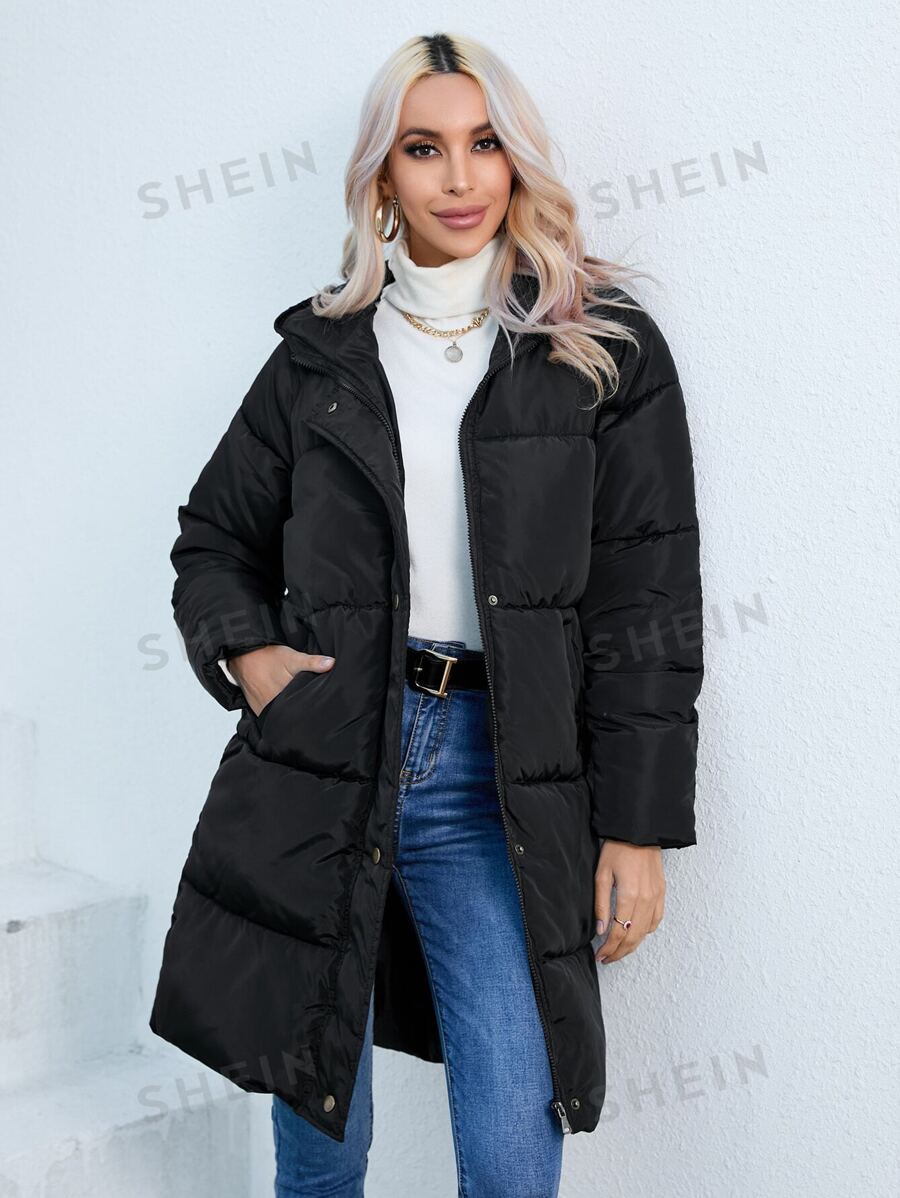 SHEIN LUNE Single Breasted Hooded Puffer Winter Coat | SHEIN UK
