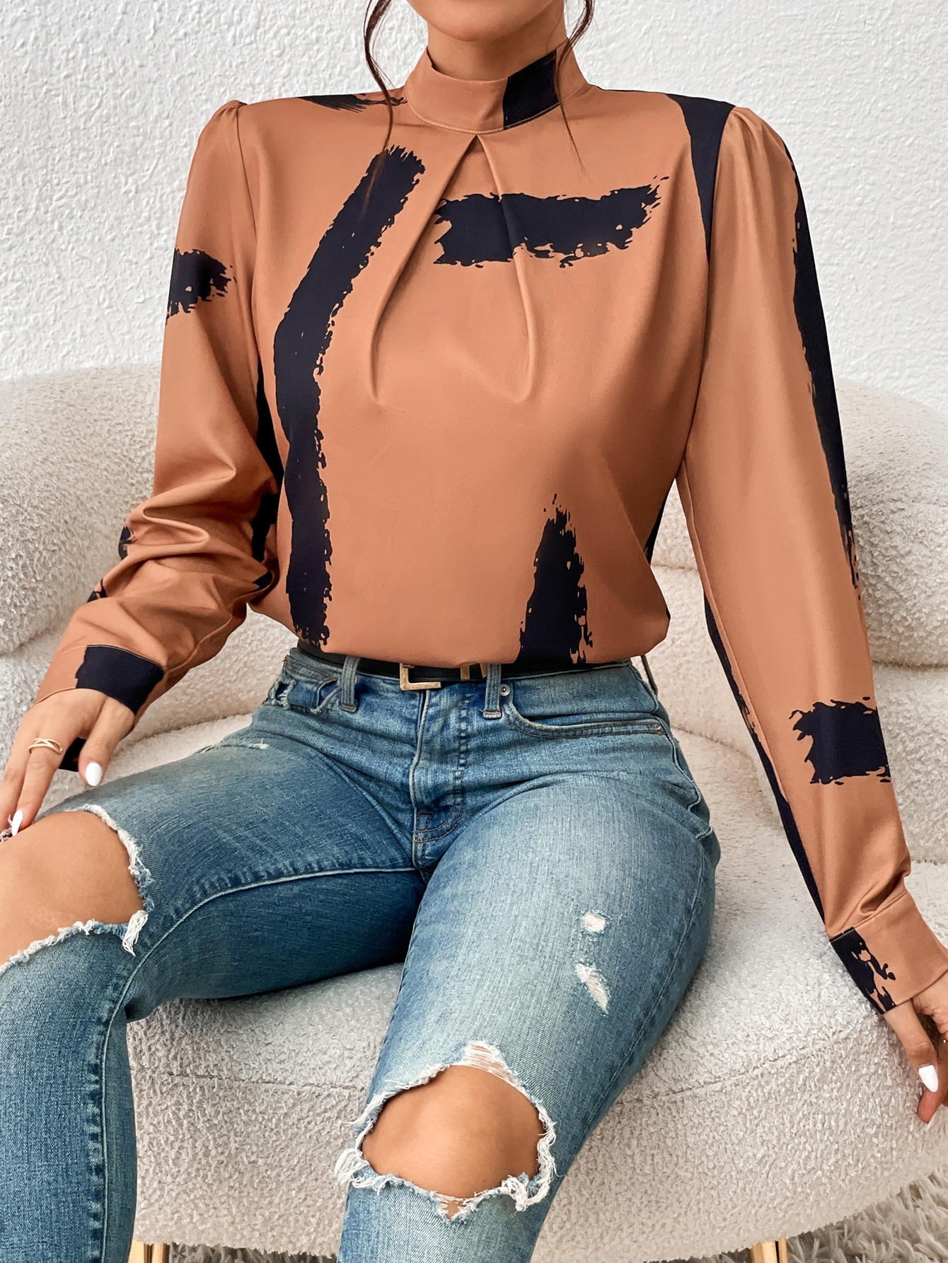 SHEIN Privé Graphic Print Mock Neck Puff Sleeve Blouse | SHEIN USA