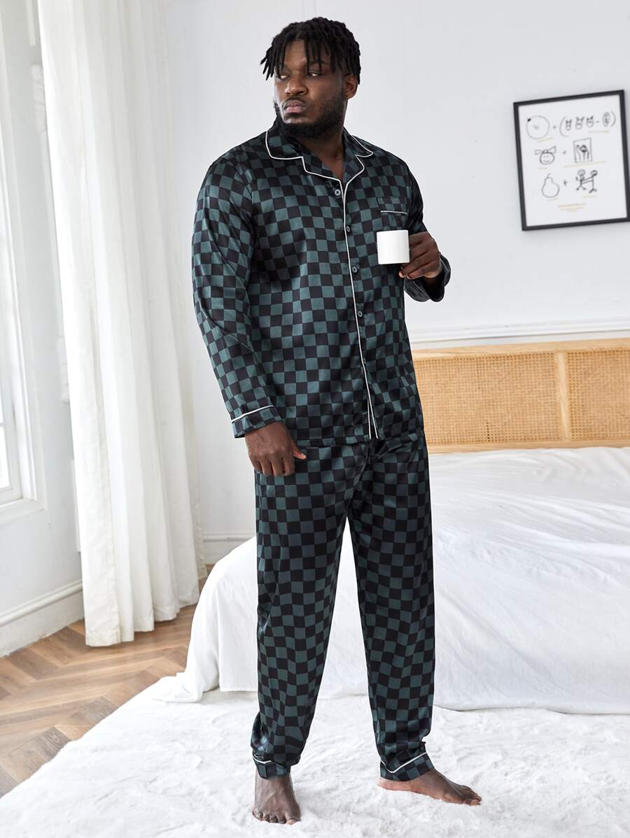 Men Checker Print Contrast Piping PJ Set | SHEIN USA