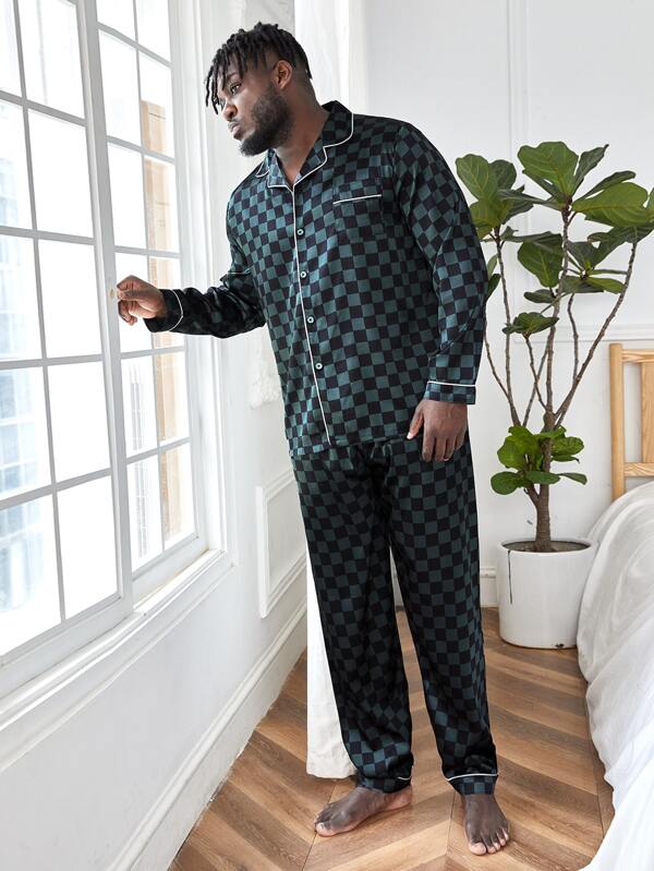 Men Checker Print Contrast Piping PJ Set | SHEIN USA