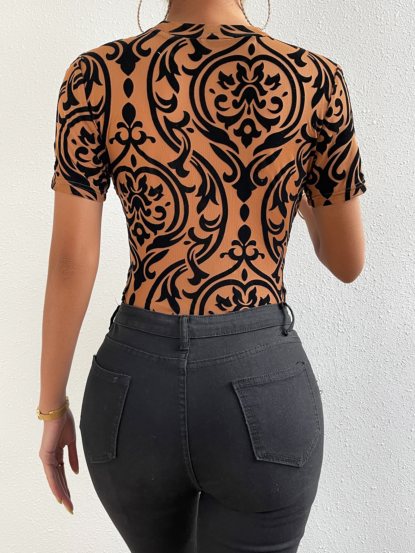 Shein Privé Baroque Print Mock Neck Bodysuit Shein Usa