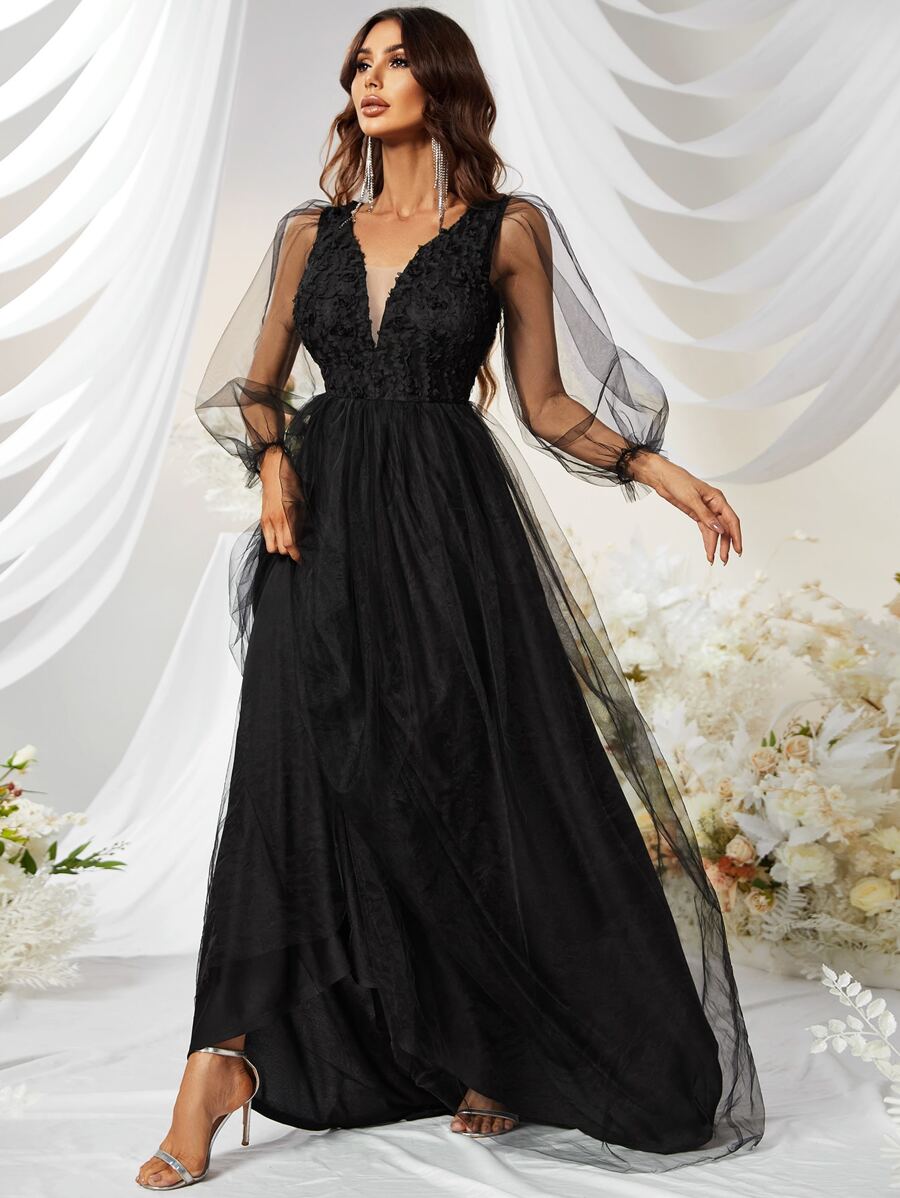 Fniseti Contrast Mesh Lantern Sleeve Prom Dress Shein Usa