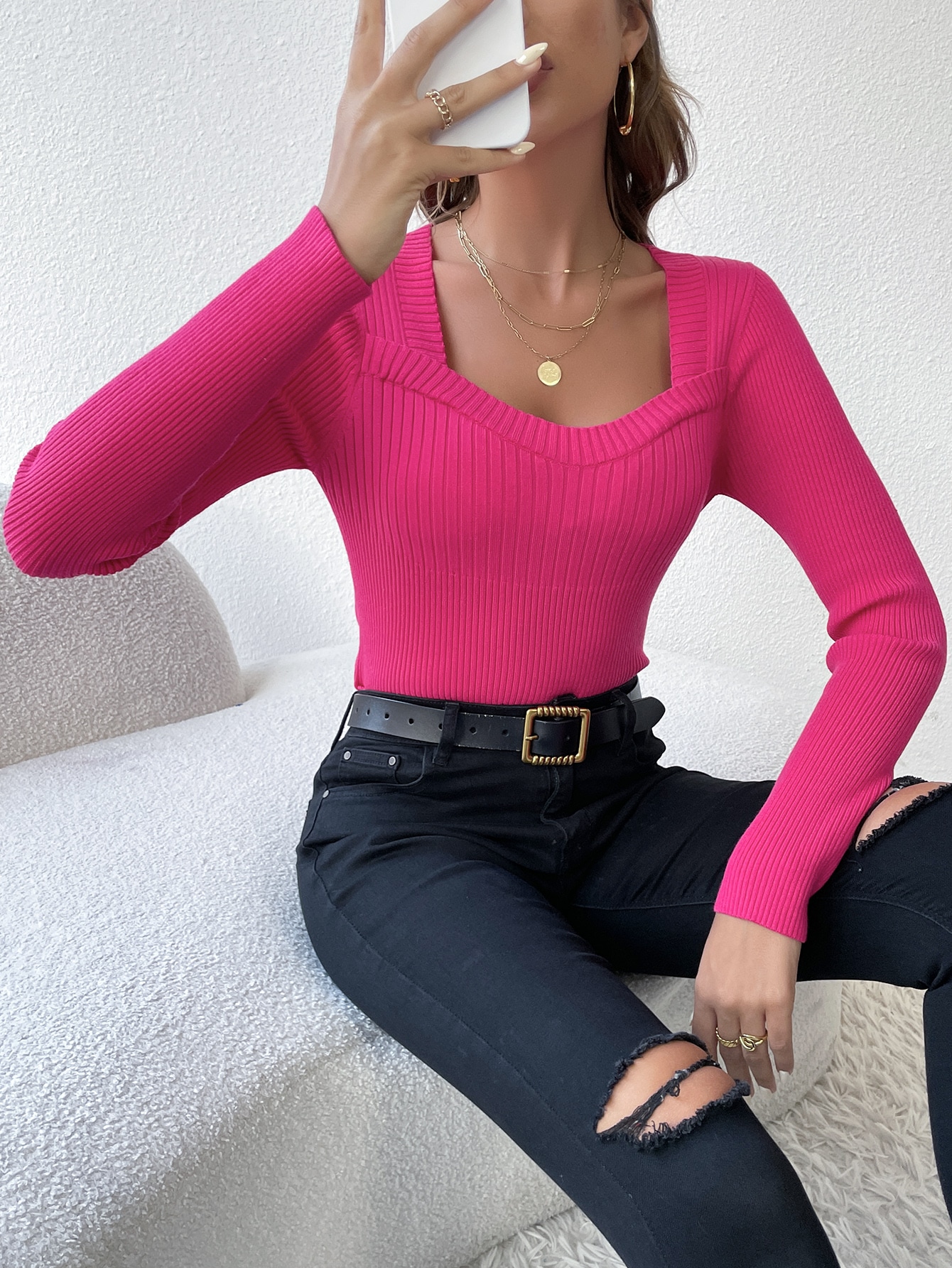 Shein Essnce Sweetheart Neck Ribbed Knit Jumper Shein Uk