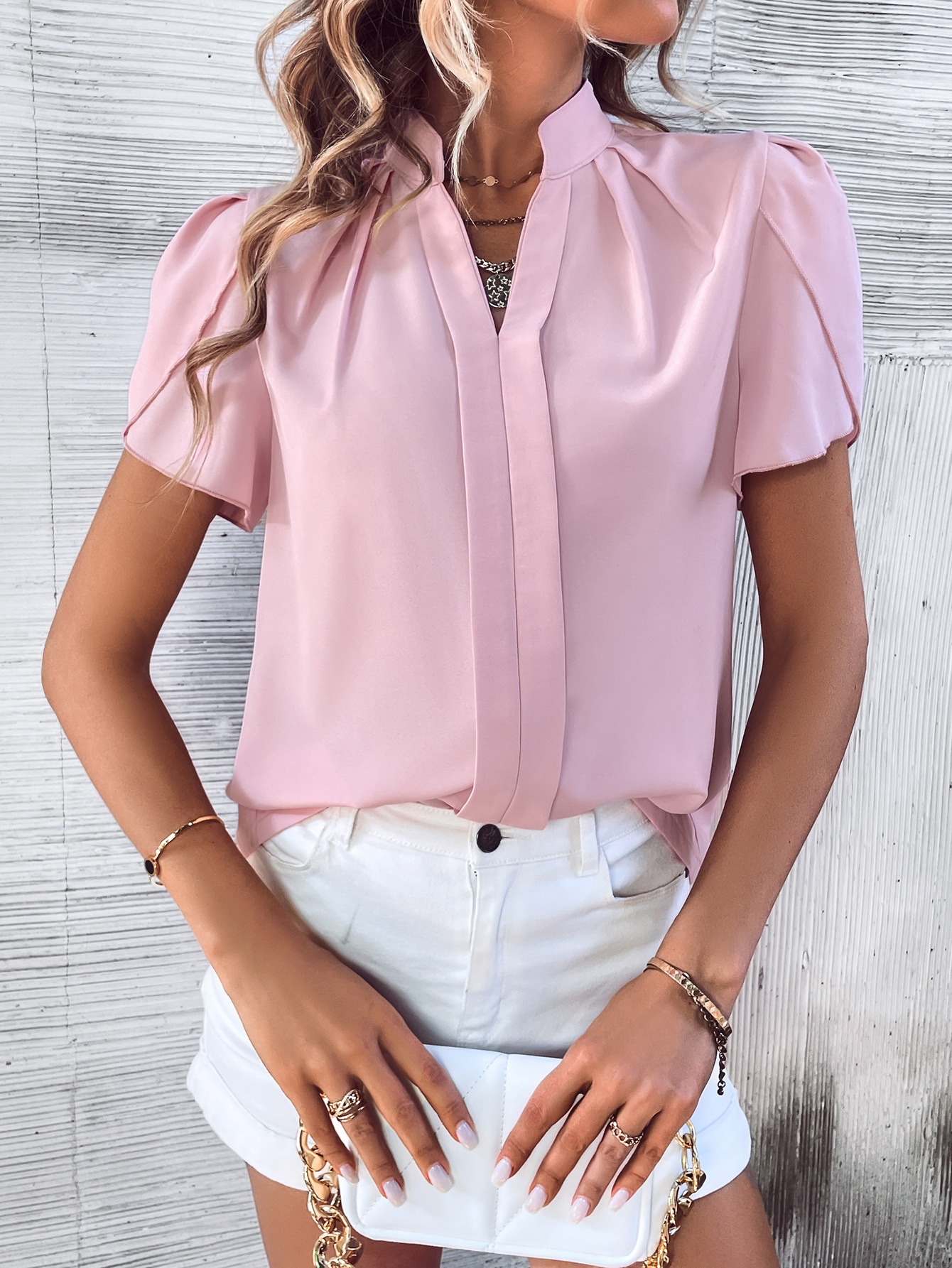 SHEIN Privé Solid Petal Sleeve Notched Neck Blouse | SHEIN UK