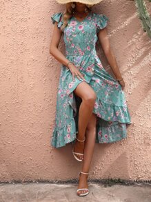 SHEIN VCAY Floral Print Butterfly Sleeve Ruffle Hem Belted Dress | SHEIN USA
