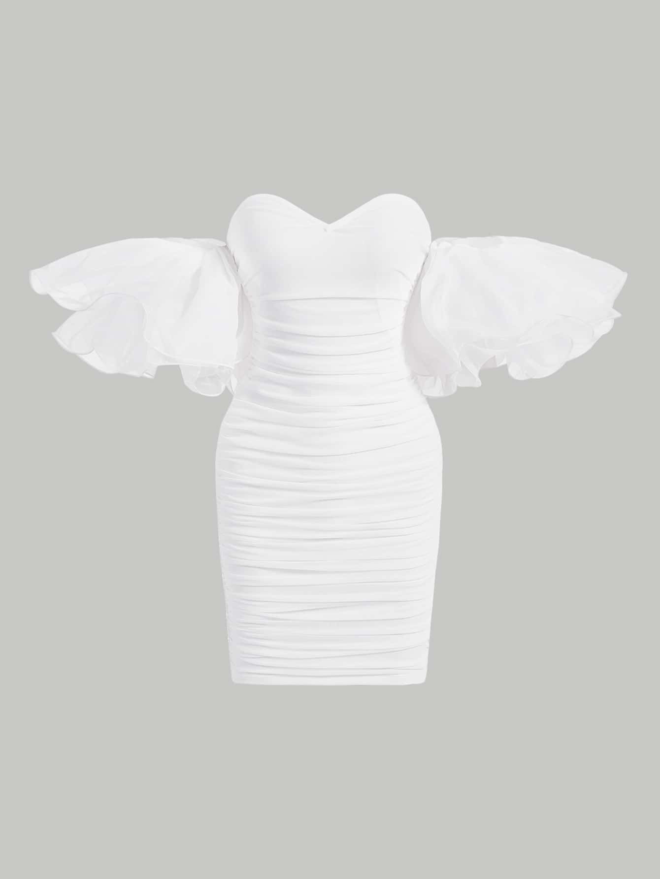 SHEIN MOD Off Shoulder Exaggerated Ruffle Trim Ruched Mesh Bodycon ...