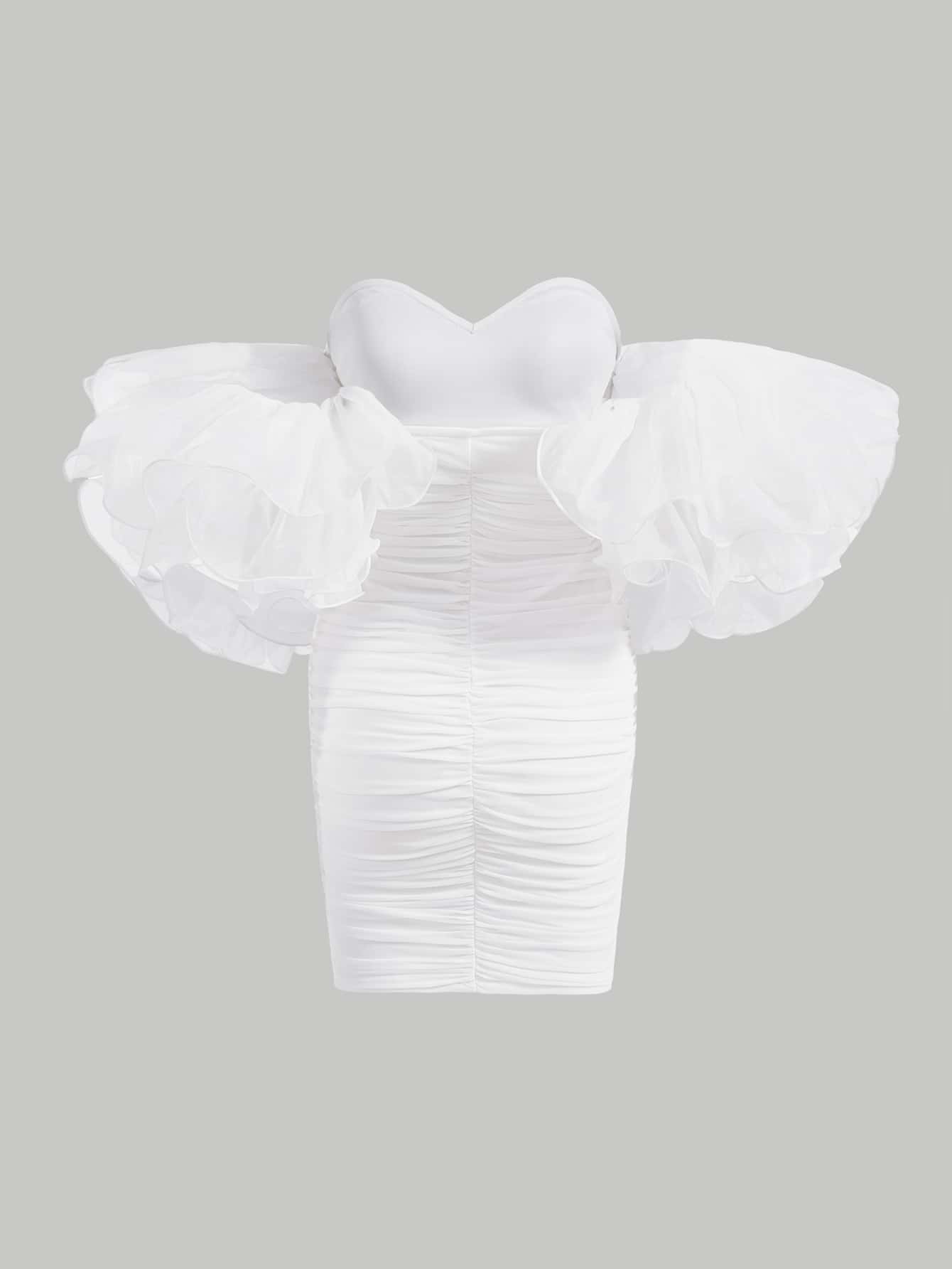 SHEIN MOD Off Shoulder Exaggerated Ruffle Trim Ruched Mesh Bodycon ...