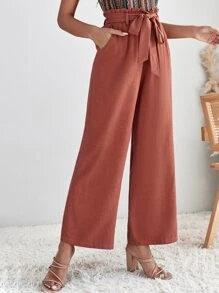 SHEIN LUNE Paperbag Waist Belted Wide Leg Pants | SHEIN USA