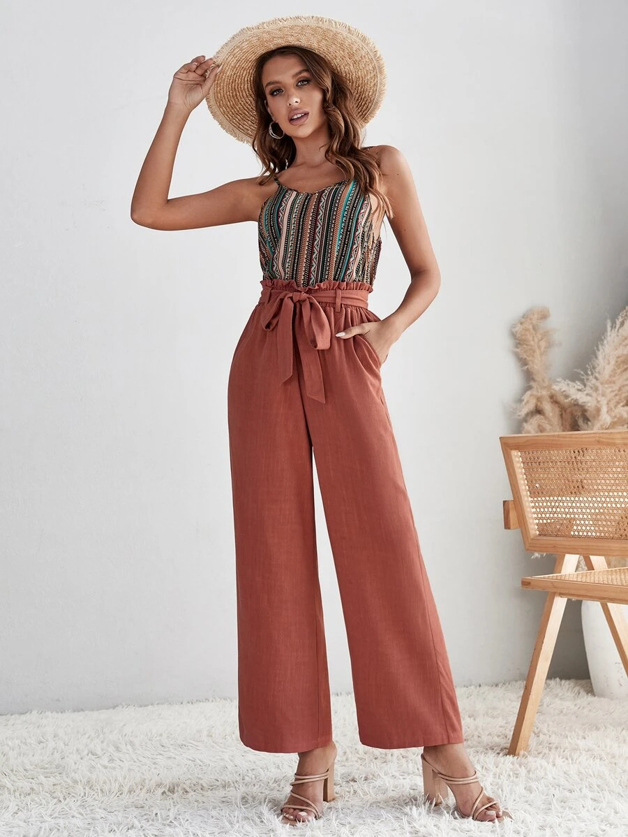 SHEIN LUNE Paperbag Waist Belted Wide Leg Pants | SHEIN USA