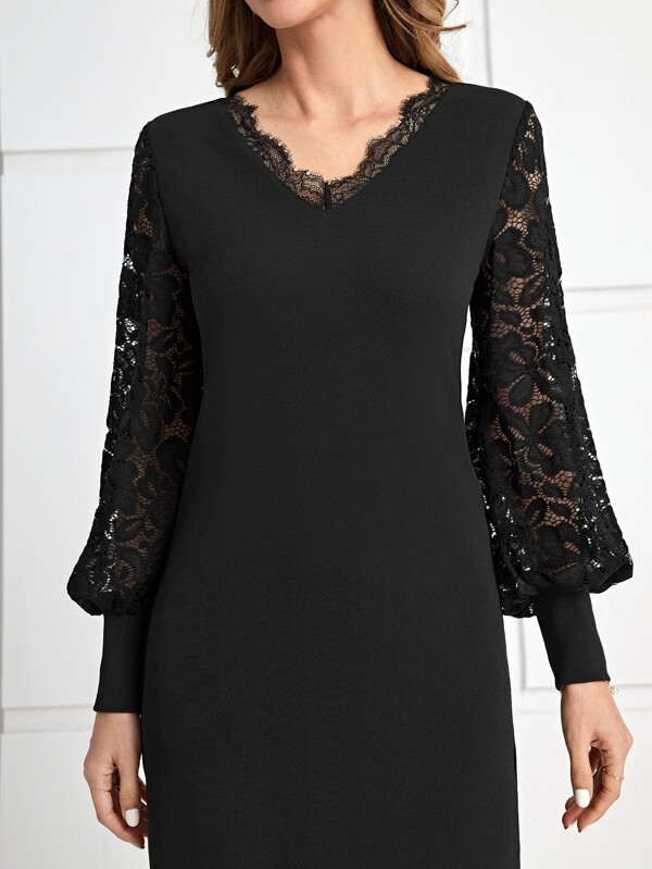 Emery Rose Contrast Lace Lantern Sleeve Dress Shein Usa