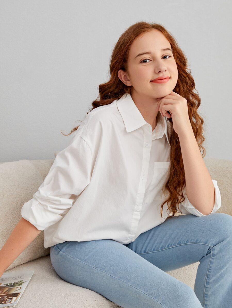 SHEIN Teen Girls Drop Shoulder Button Front Shirt | SHEIN USA