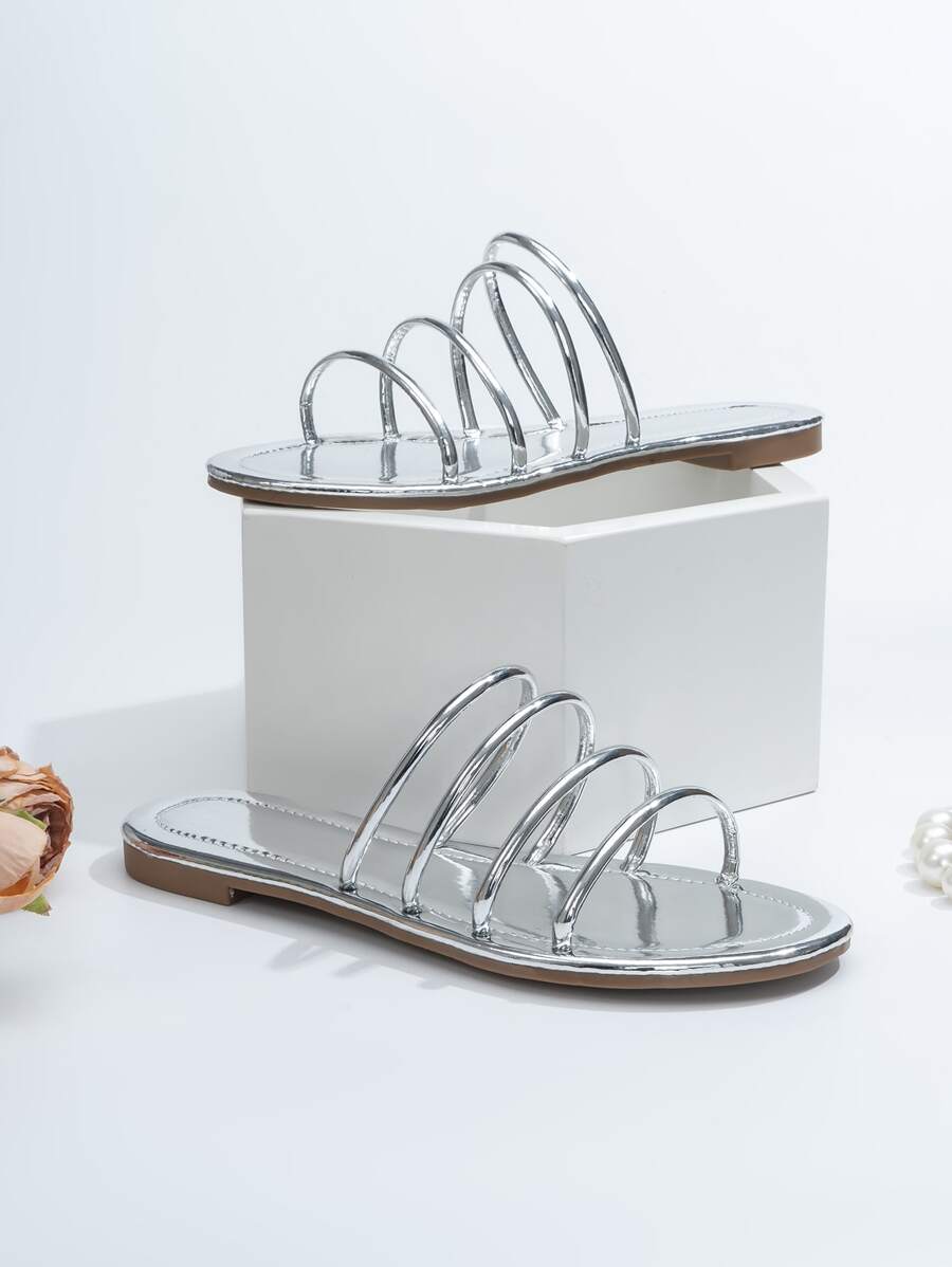 Women Metallic Thin Strap Slide Sandals, Glamorous Outdoor Flat Sandals ...
