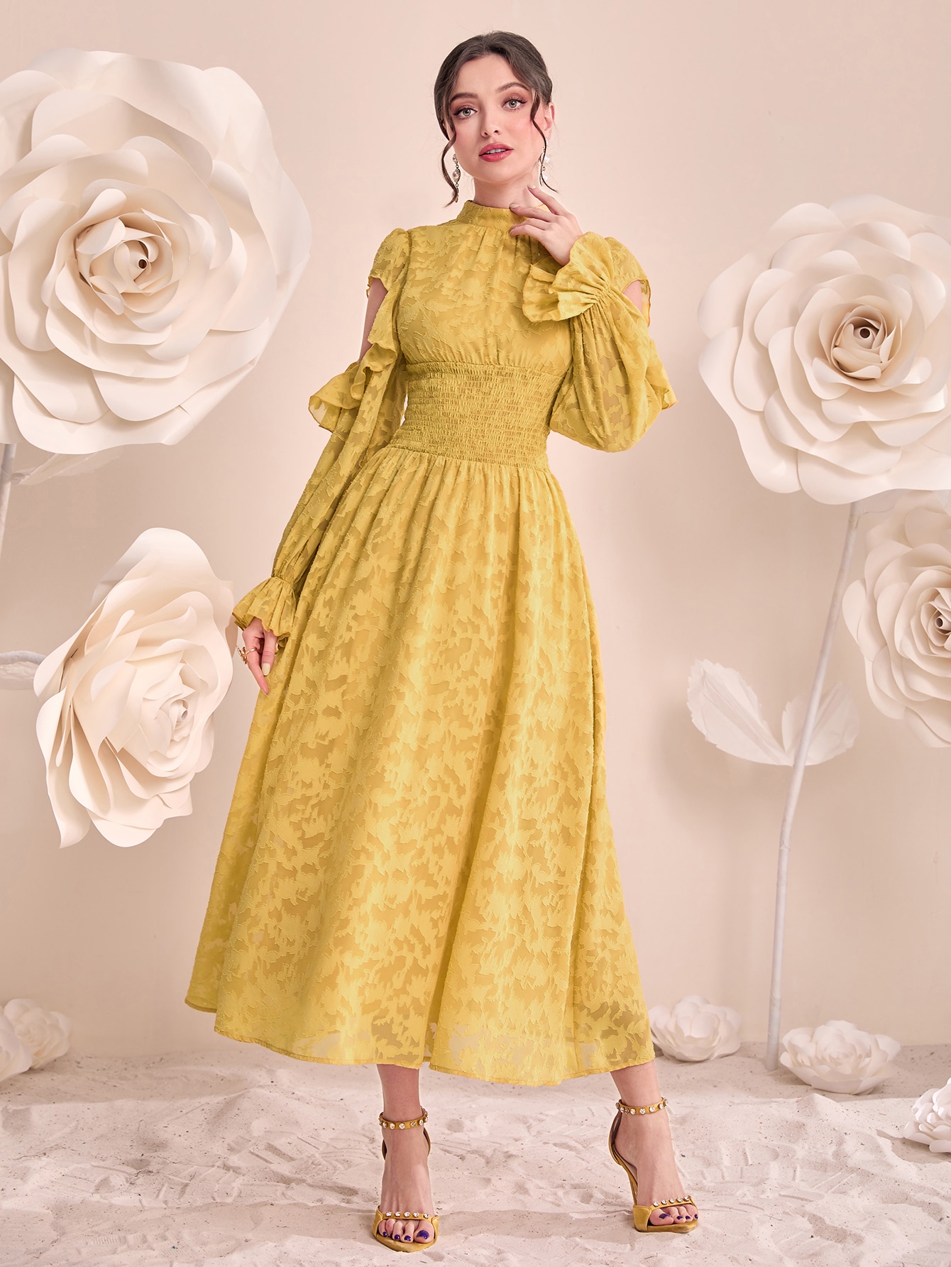 Shein Modely Jacquard Ruffle Trim Flounce Sleeve Dress Shein Uk